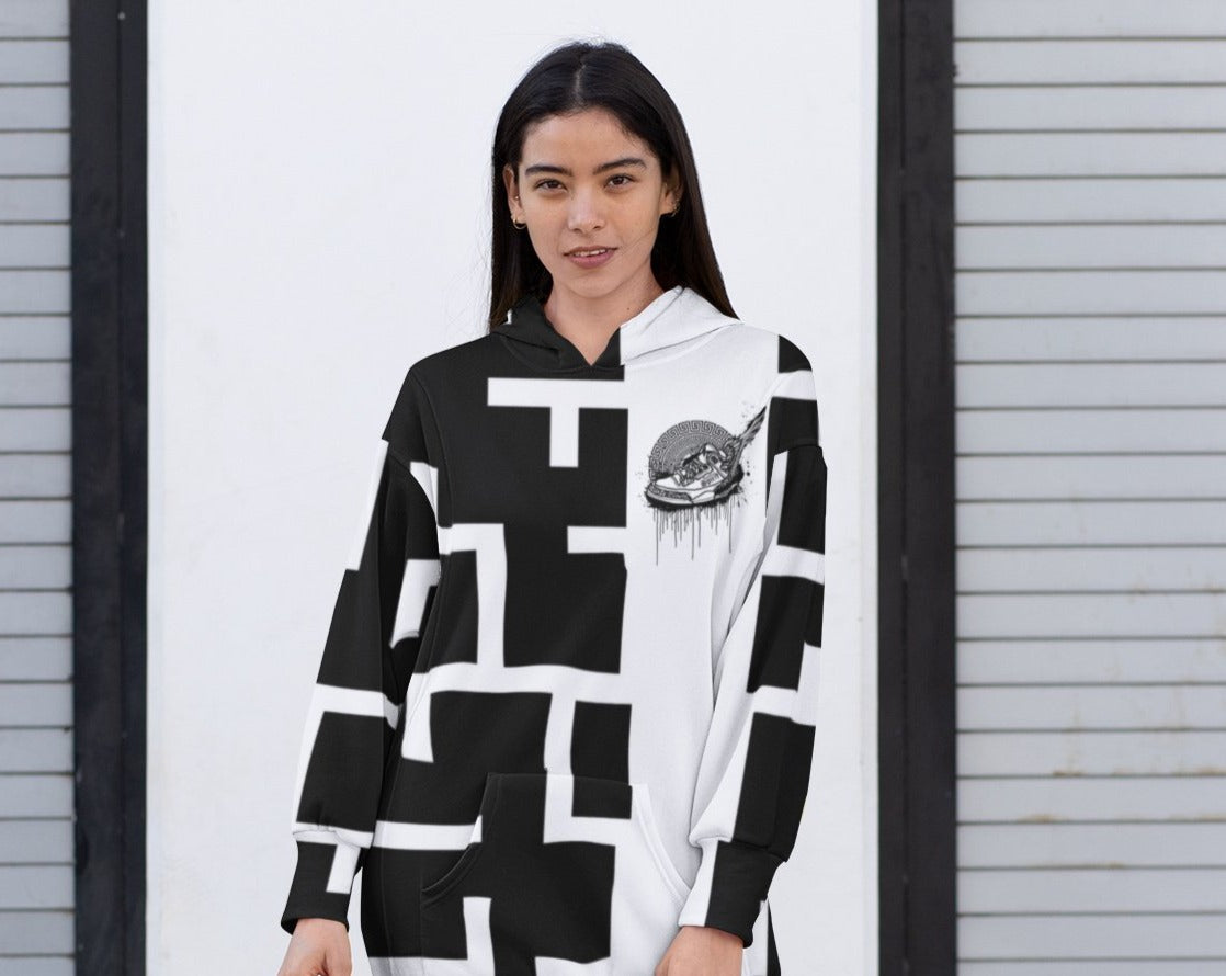 Footsteps Maze BW Hoody Dress – HustlingSpirit